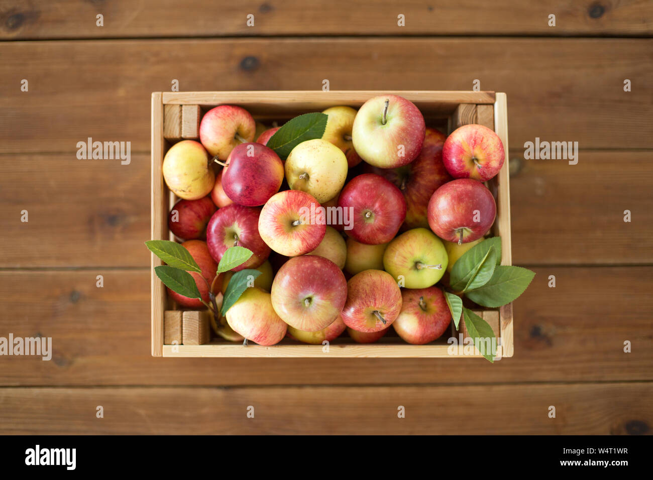 ripe apples in wooden box on table Stock Photo - Alamy