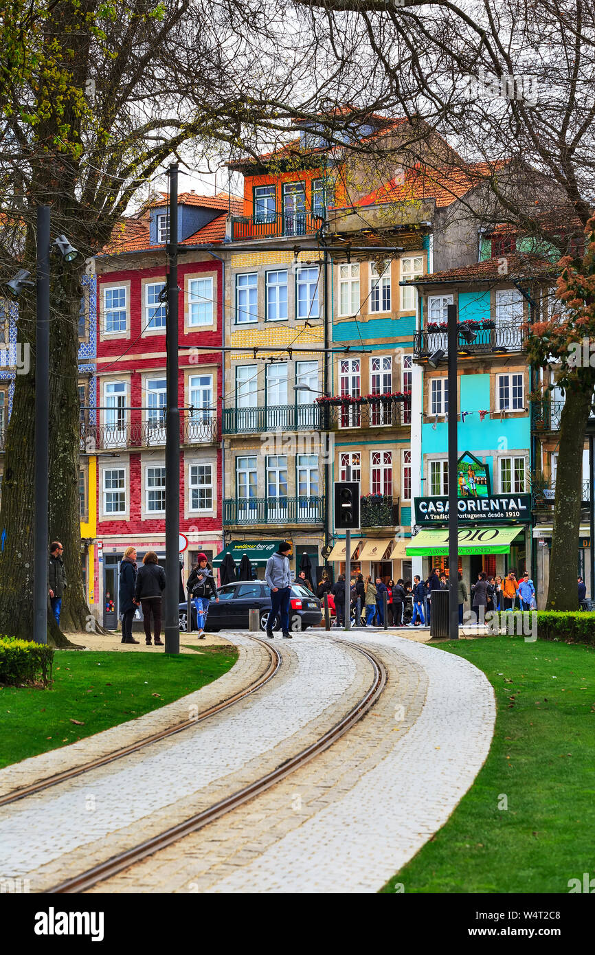 Porto, Portugal -April 1, 2018: Old town street street view with ...