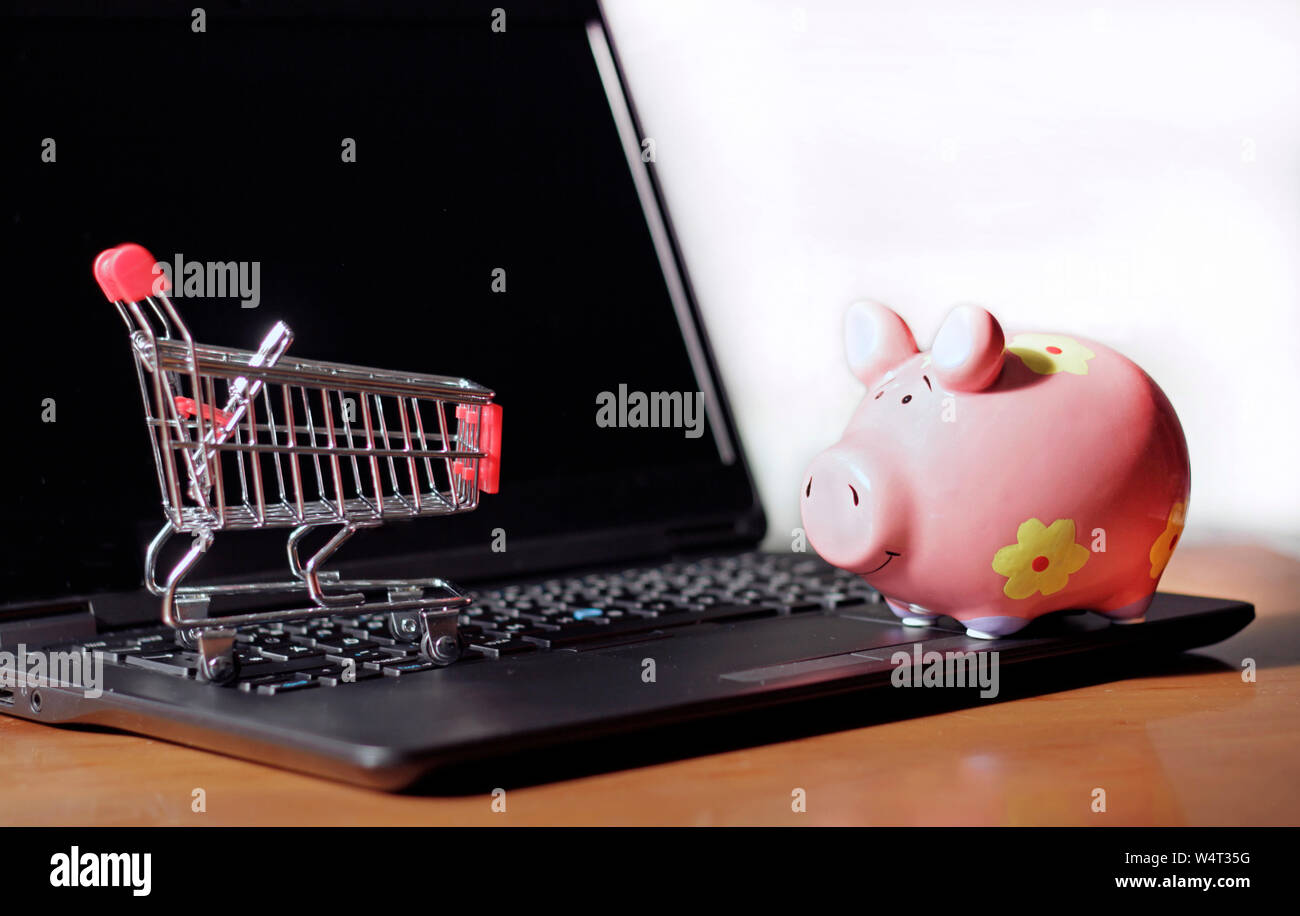 Saving money with online shopping: Laptop with a small trolley and a ...