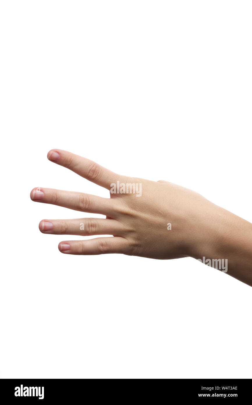 Hand of young woman isolated on white background showing four Stock ...