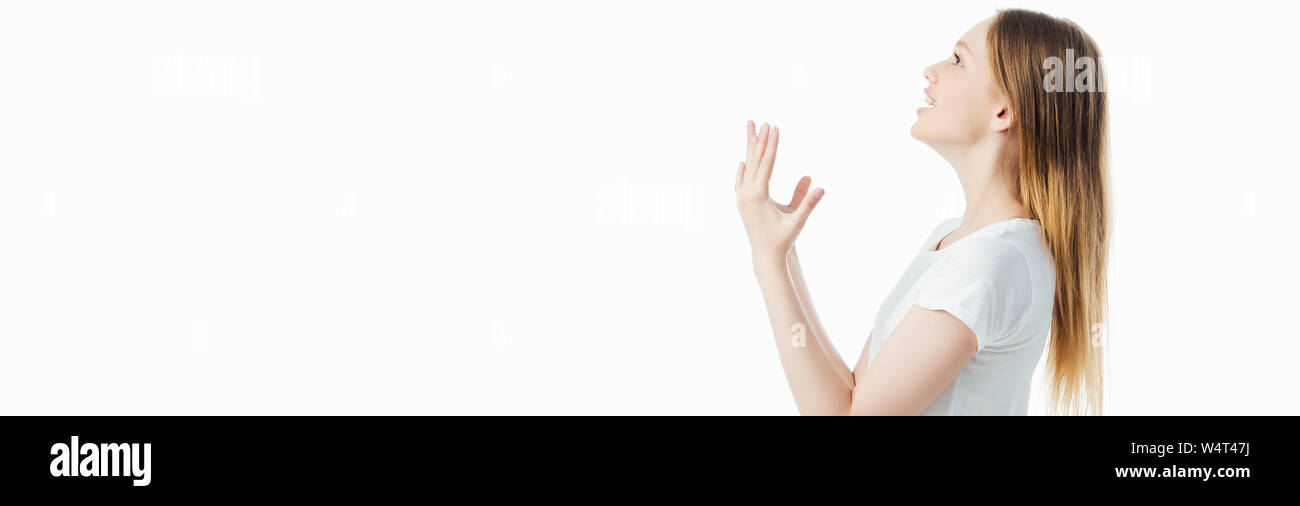 side view of irritated teenage girl gesturing isolated on white ...