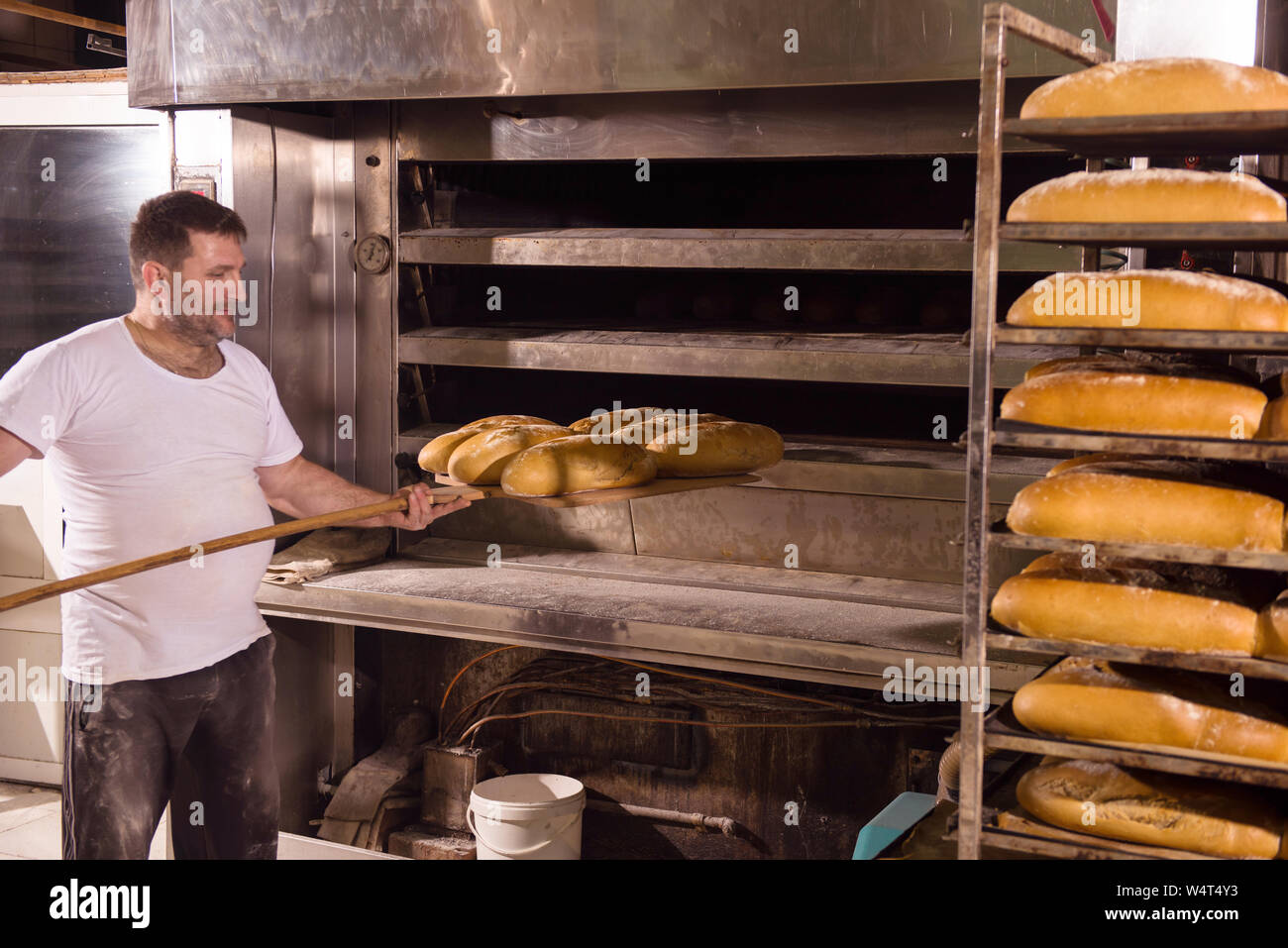 bakery worker taking out freshly baked breads with shovel from the ...