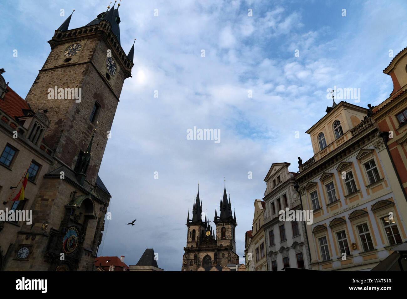 Prague old square clock tower at sunset Stock Photo - Alamy