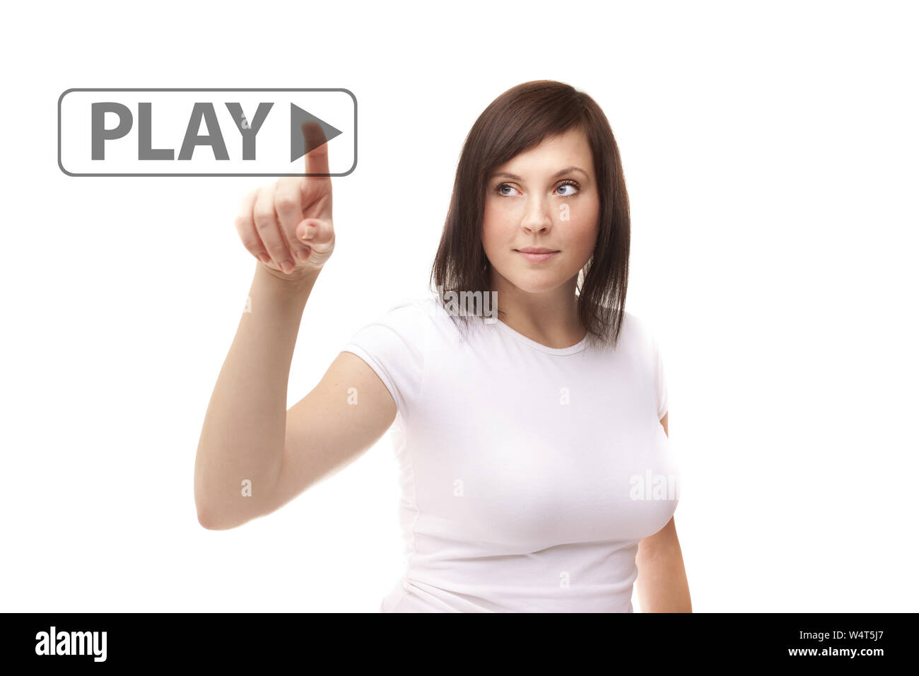 Young woman touching play on the screen Stock Photo - Alamy