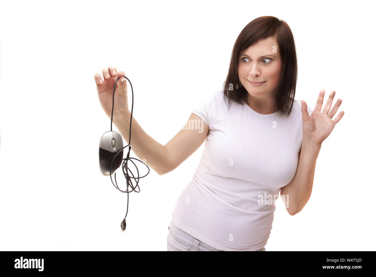 Young woman afraid computer mouse Stock Photo - Alamy