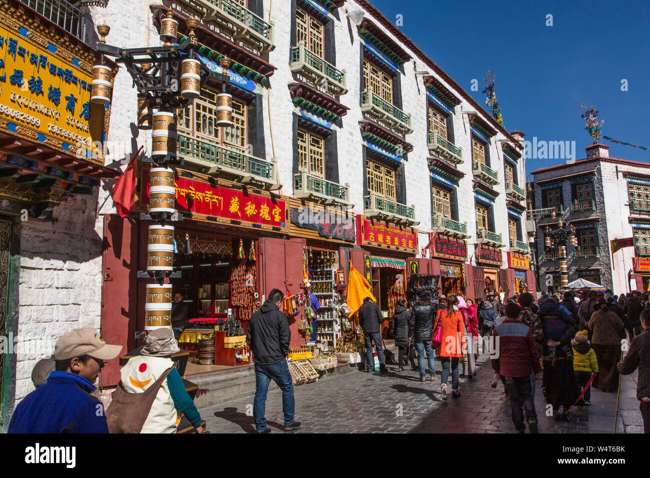 China, Tibet, Lhasa, Apartments and shops along one of the pedestrian ...
