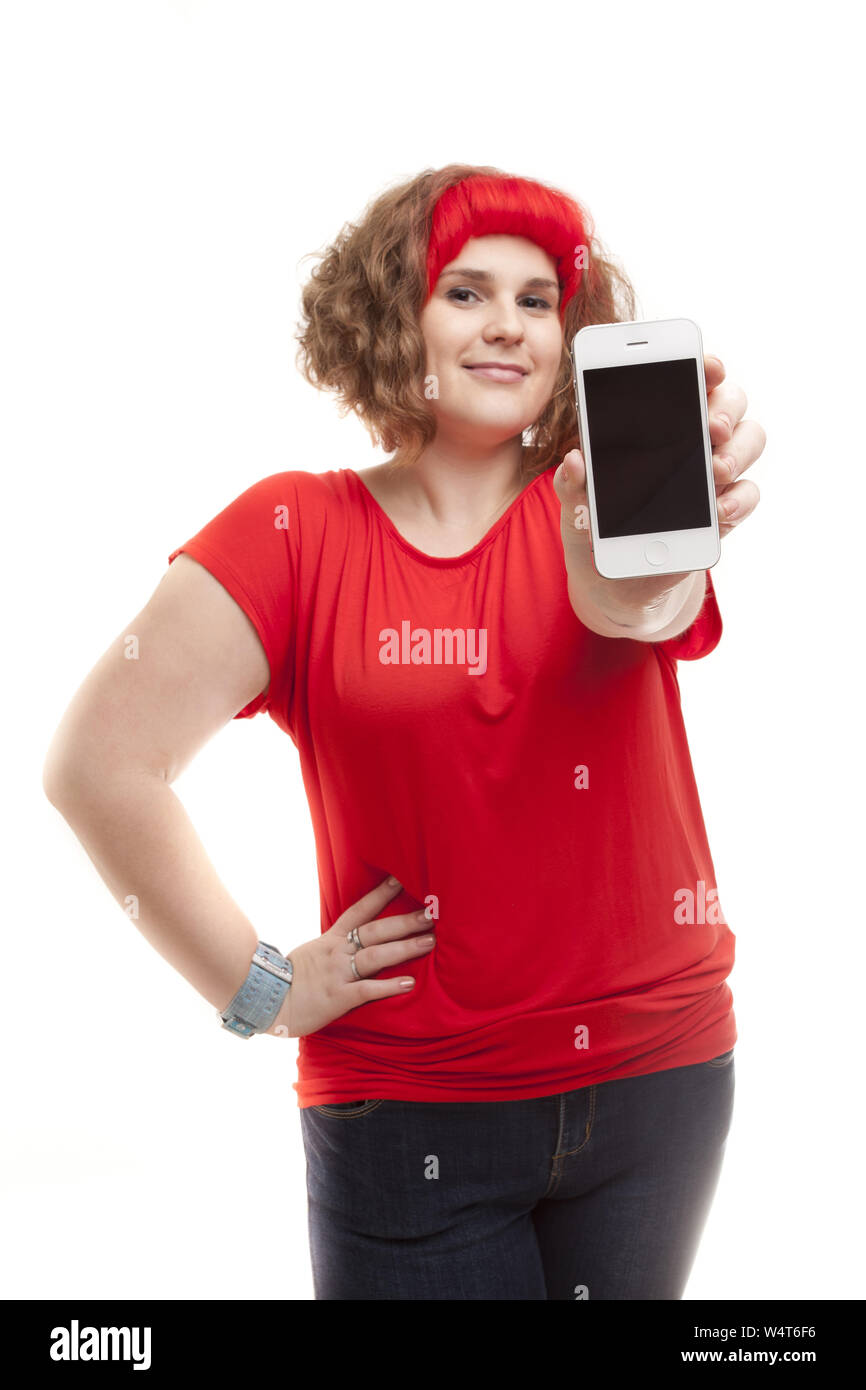 Girl holding smartphone isolated on vertical white background Stock ...