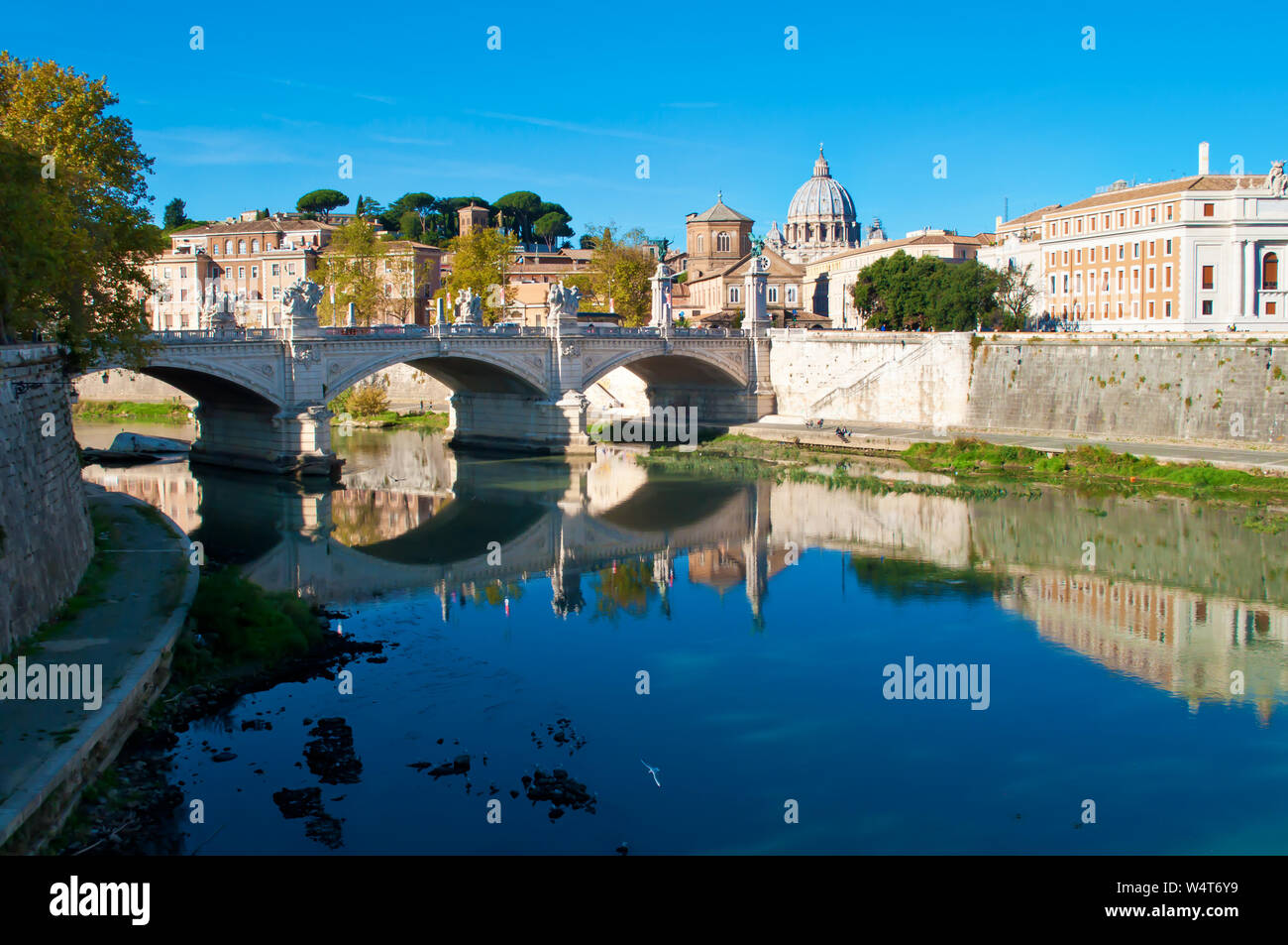 Image of Rione Ponte district. View of white Ponte Vittorio Emanuele II ...