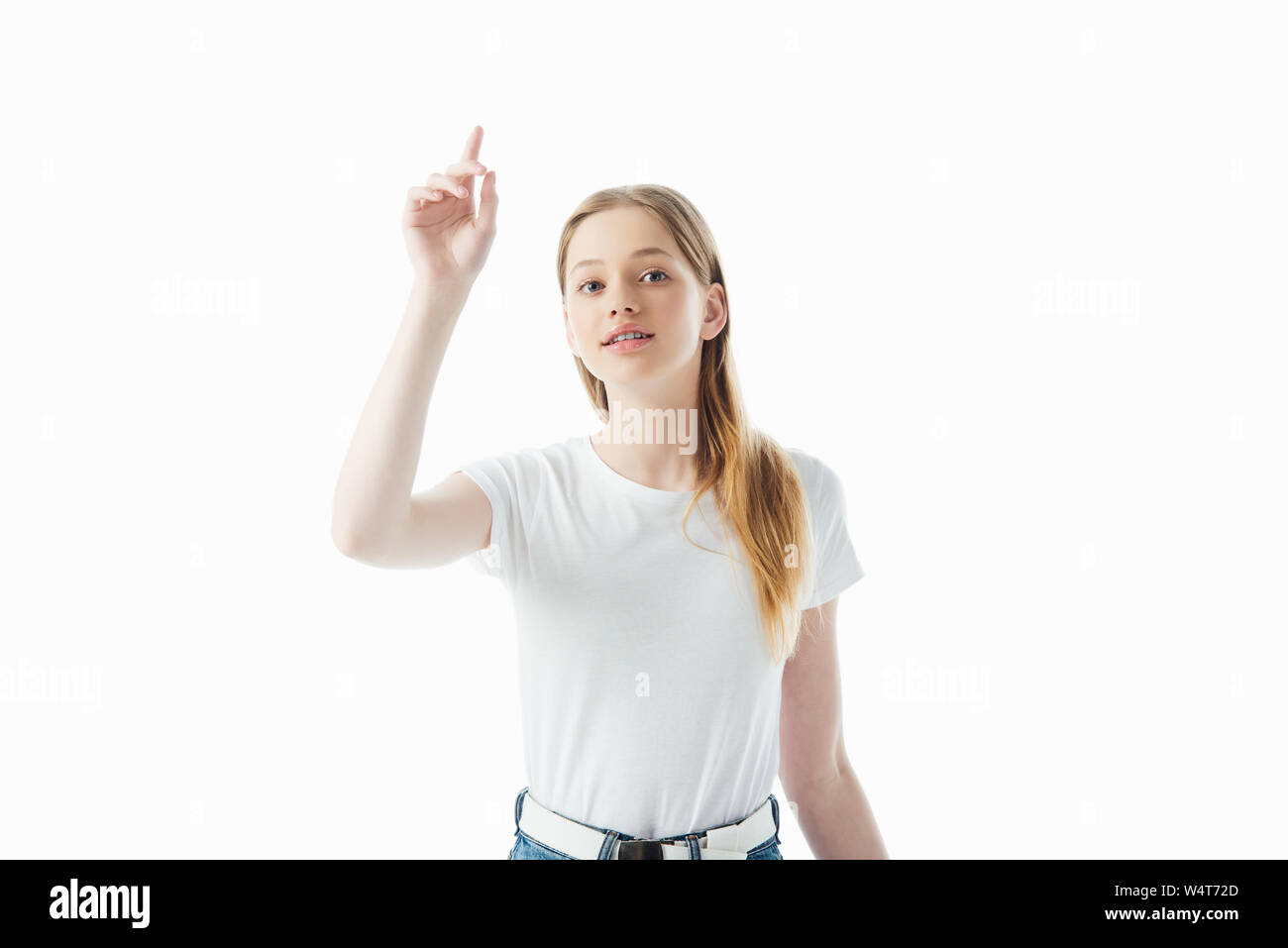 teenage girl with raised hand isolated on white Stock Photo - Alamy