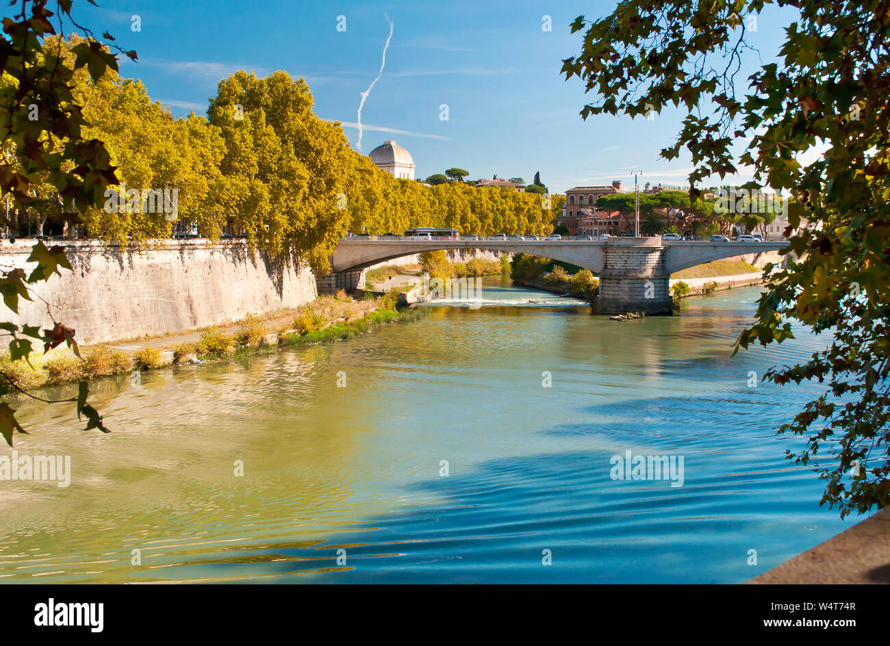 Image of Rione Ponte district. View of white Ponte Garibaldi bridge and ...