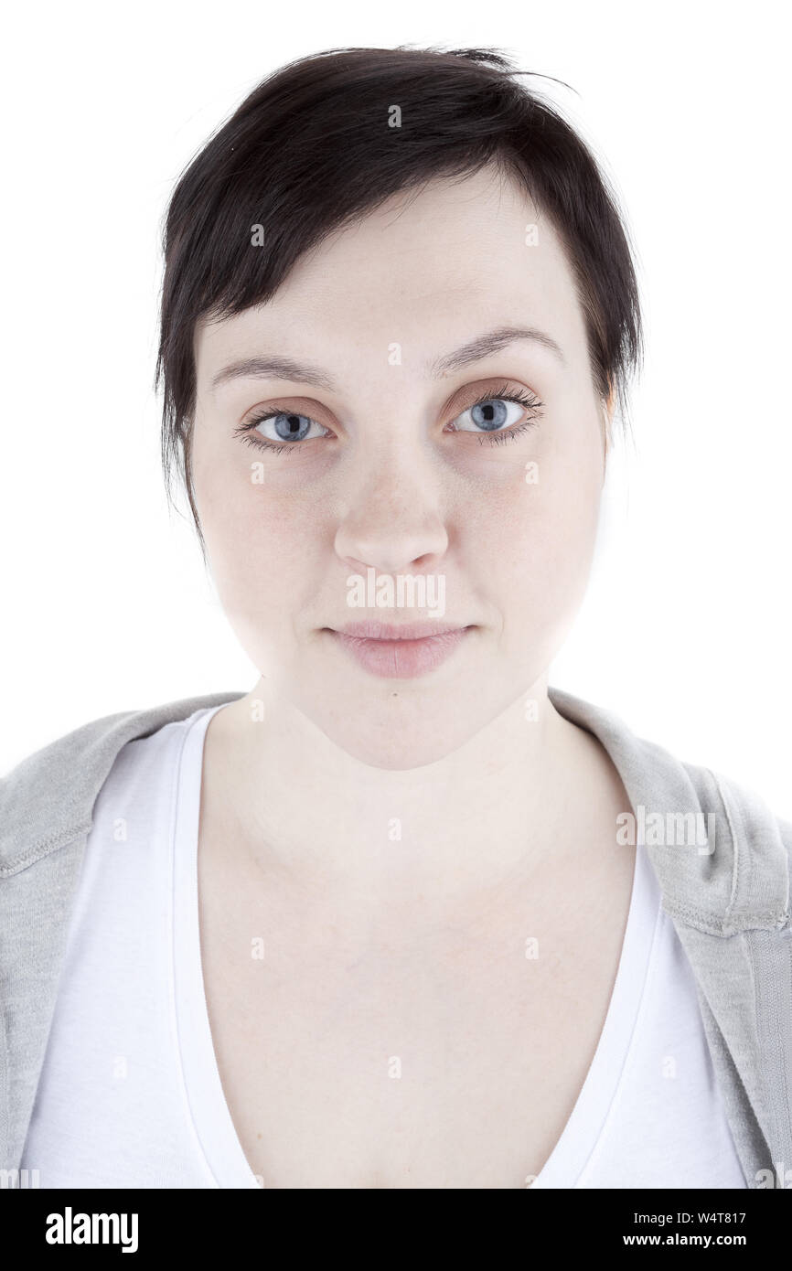 Ordinary girl in sweatshirt on white background Stock Photo - Alamy