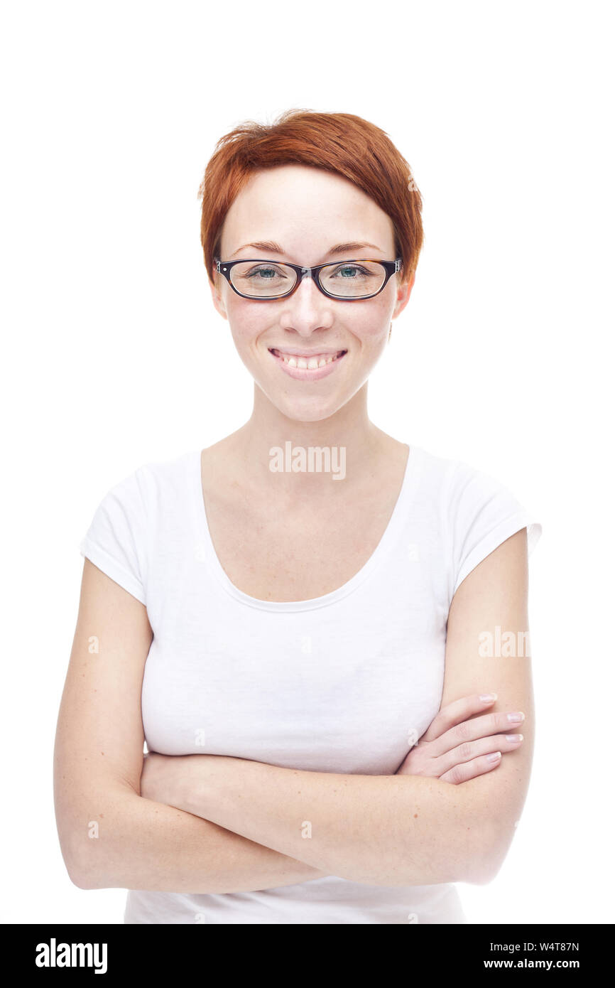 Smiling red head woman on white background Stock Photo - Alamy