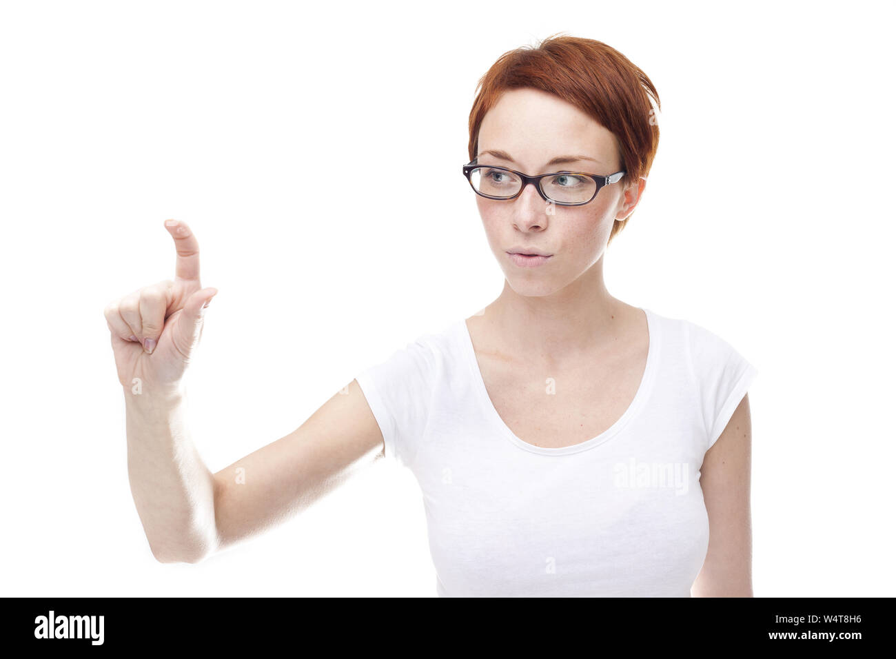 Women touching the screen on white background Stock Photo - Alamy