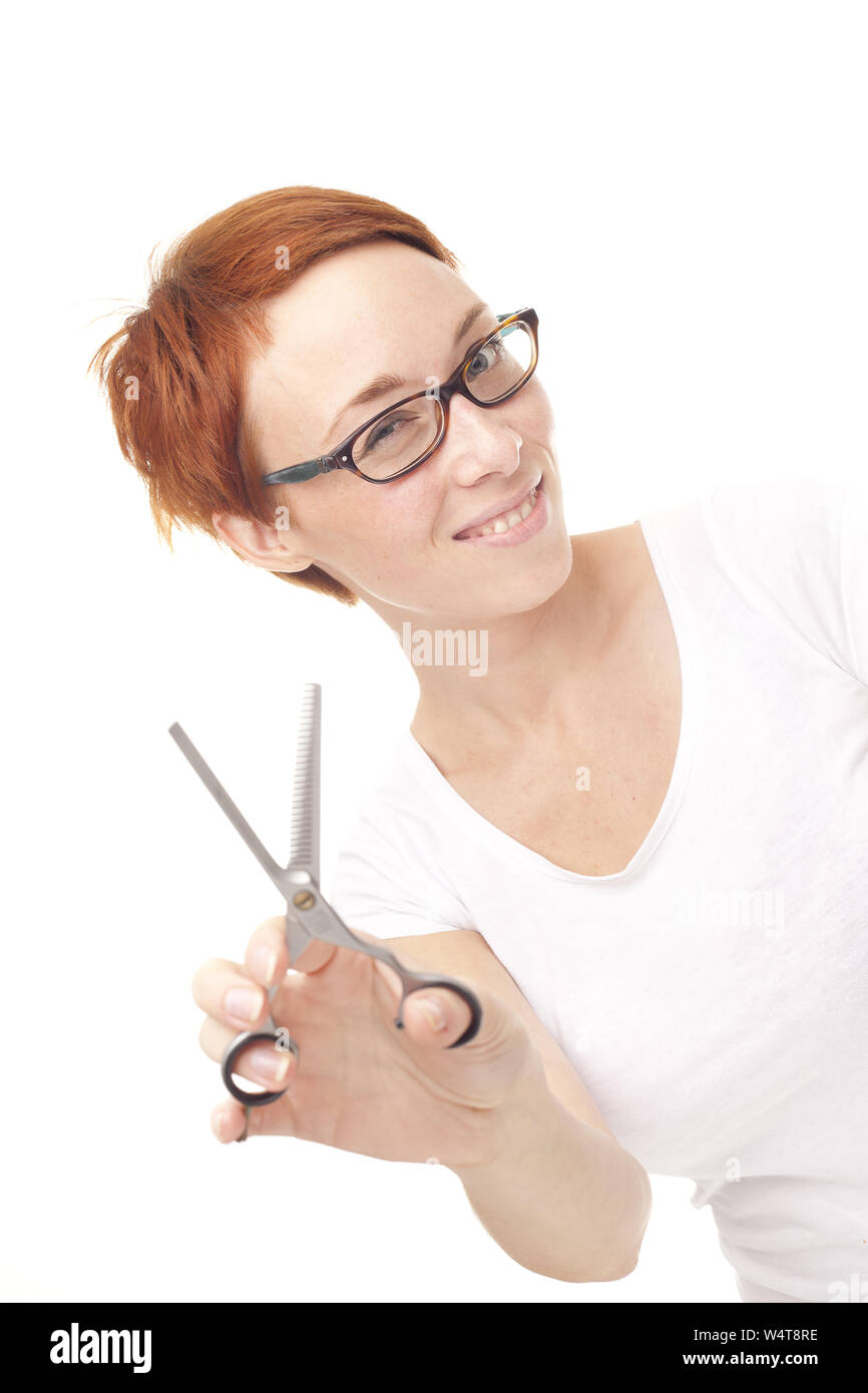 Red head professional hairdresser woman with scissors Stock Photo - Alamy