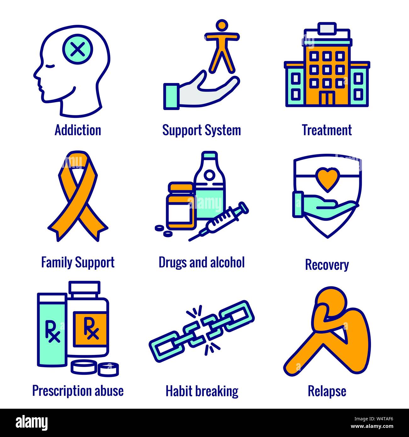 Drug & Alcohol Dependency Icon Set w support, recovery, and treatment ...