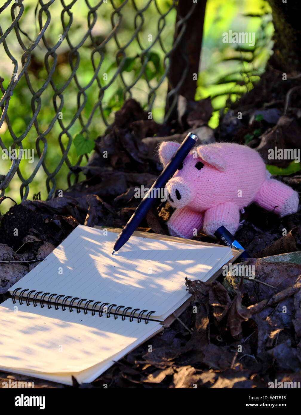 Funny concept handmade piggy writing on paper of notebook by pen front ...