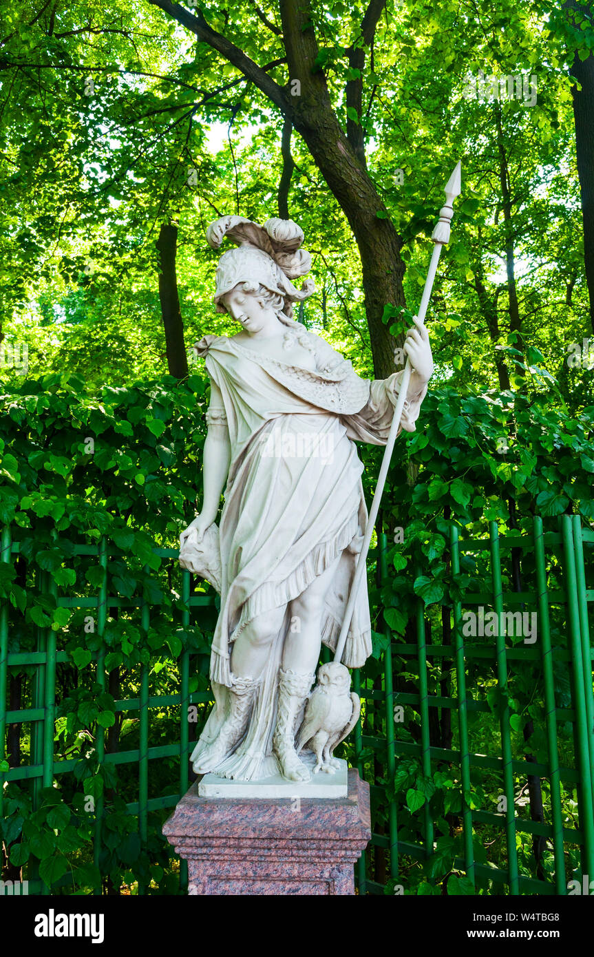 St Petersburg, Russia - June 6, 2019. The goddess Minerva, dressed in ...