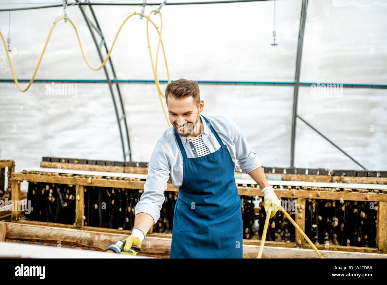 Handsome worker washing shelves with water gun, taking care of the ...