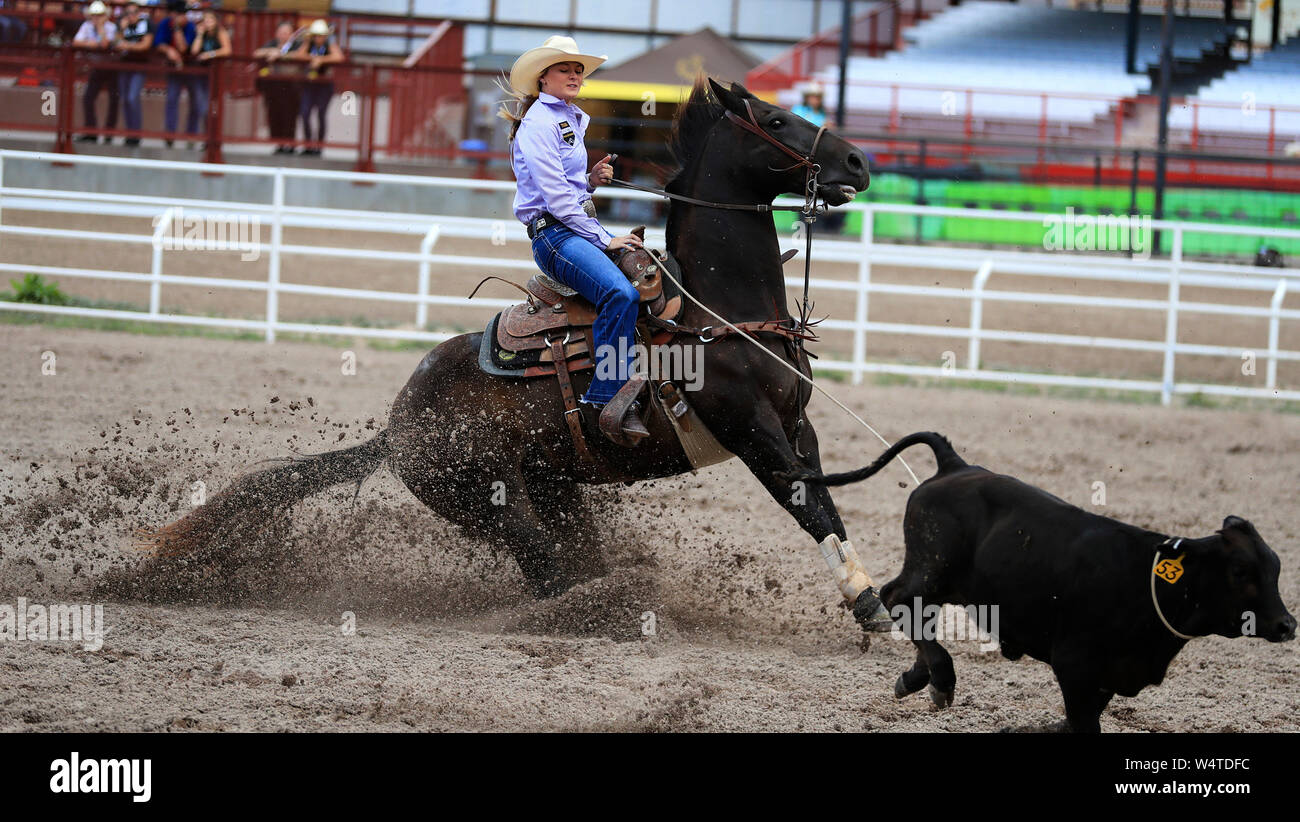 Cheyenne, USA. 24th July, 2019. A rider competes during the women's ...