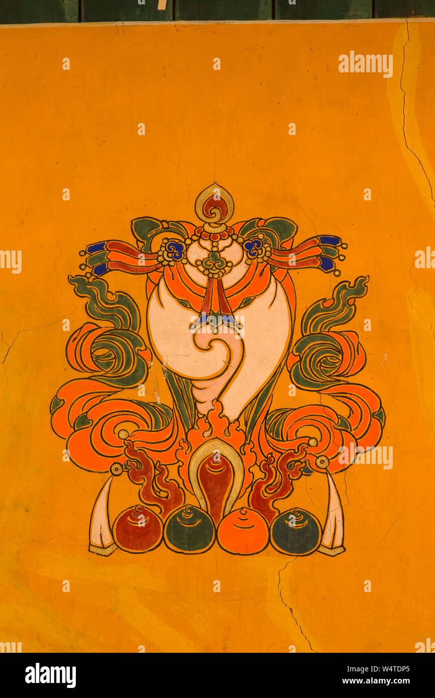 China, Tibet, Lhasa, A painted conch shell symbol on a wall at the ...