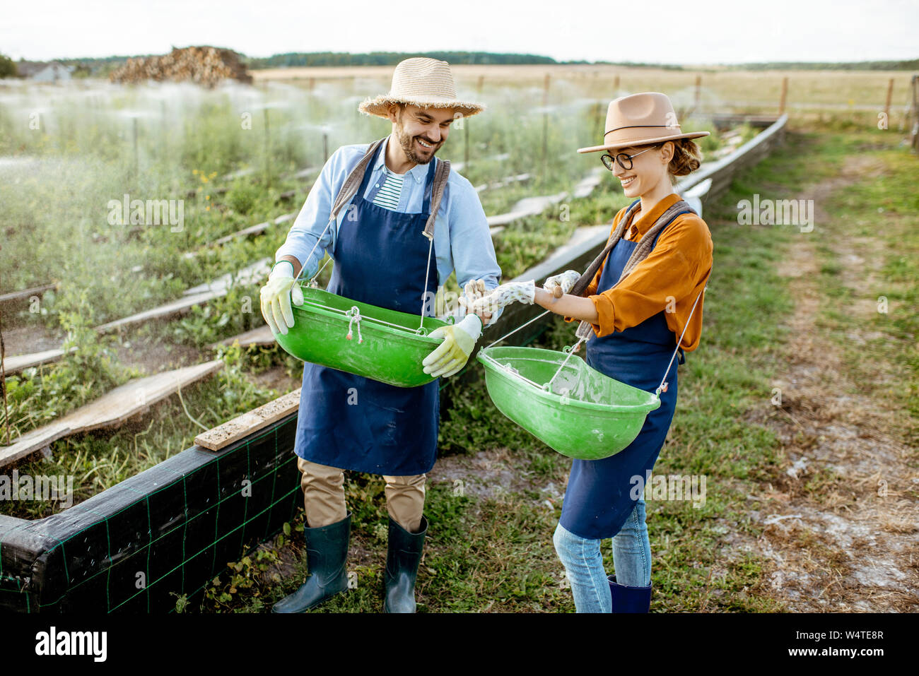 Well-dressed farmers standing on the farmland with green buckets for ...