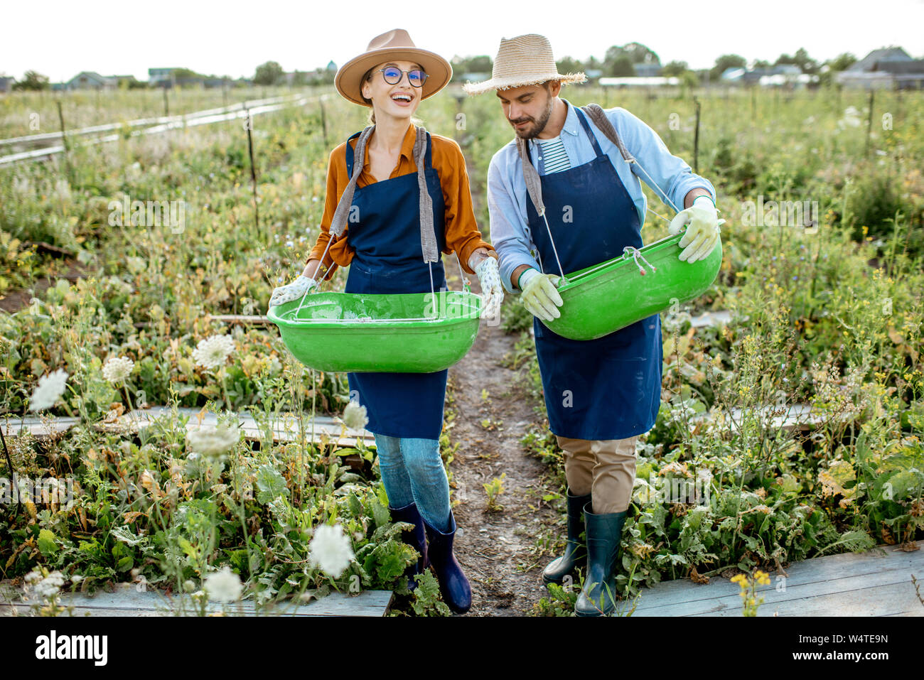 Well-dressed farmers standing on the farmland with green buckets for ...