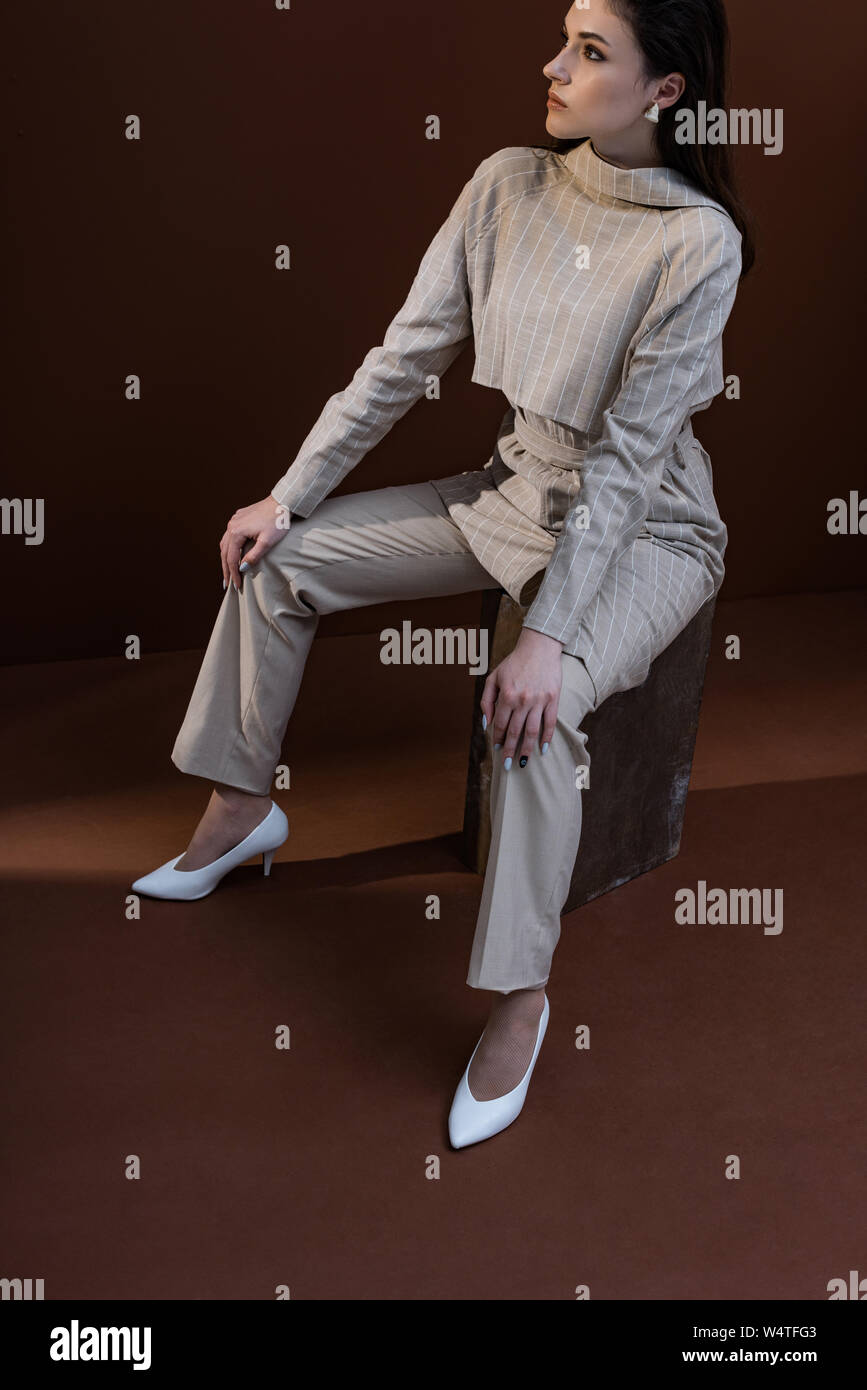 high angle view of beautiful and trendy woman sitting on box with brown ...