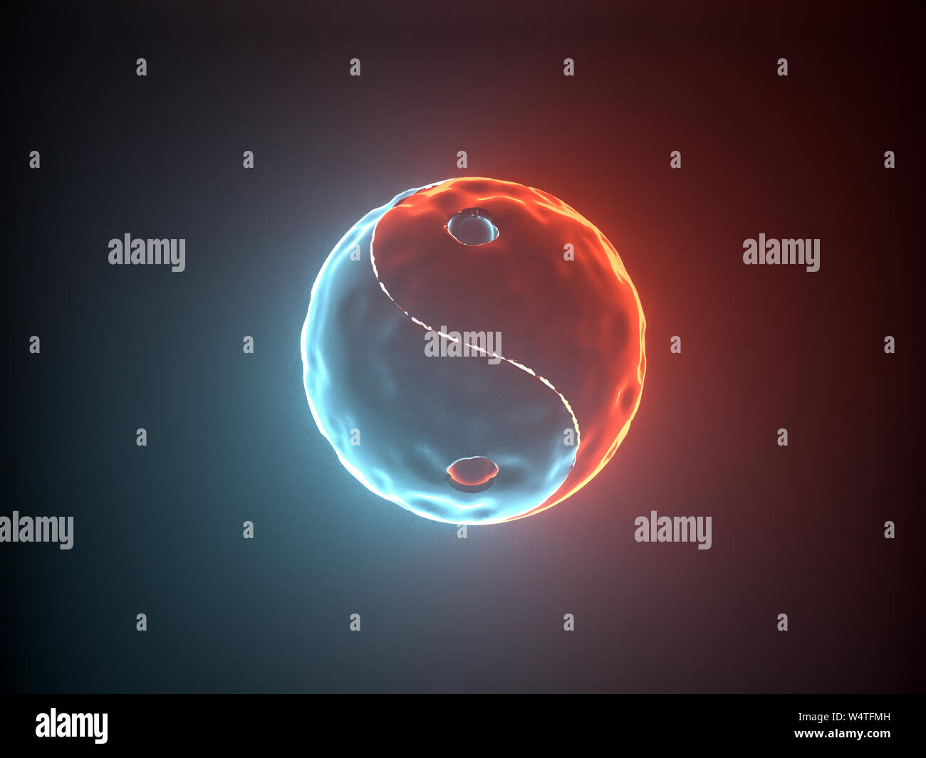 3D render of glowing Red and blue ying-yang spherical sign over black ...