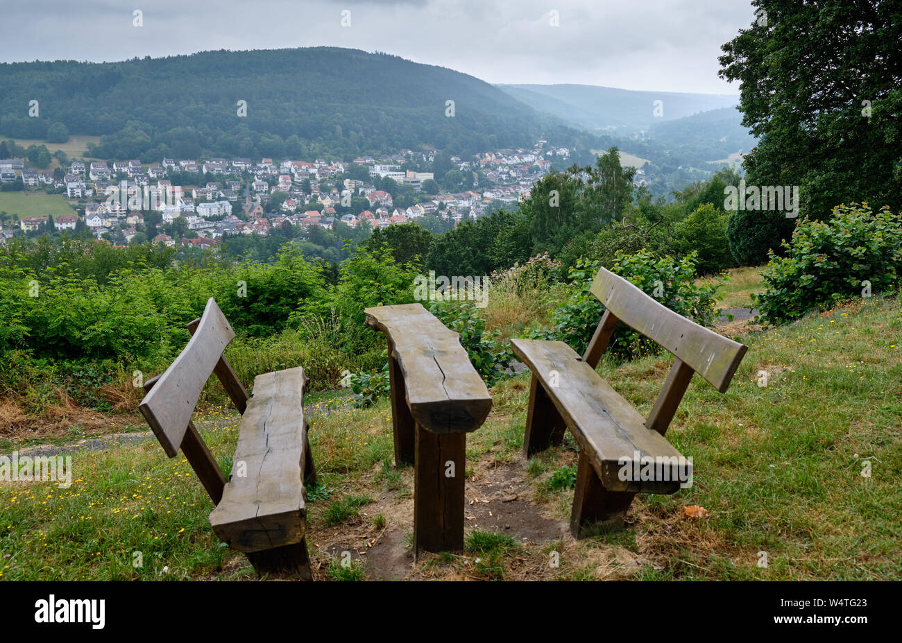 A view from the Mollkenberg hill in the Spessart on the townscape of ...