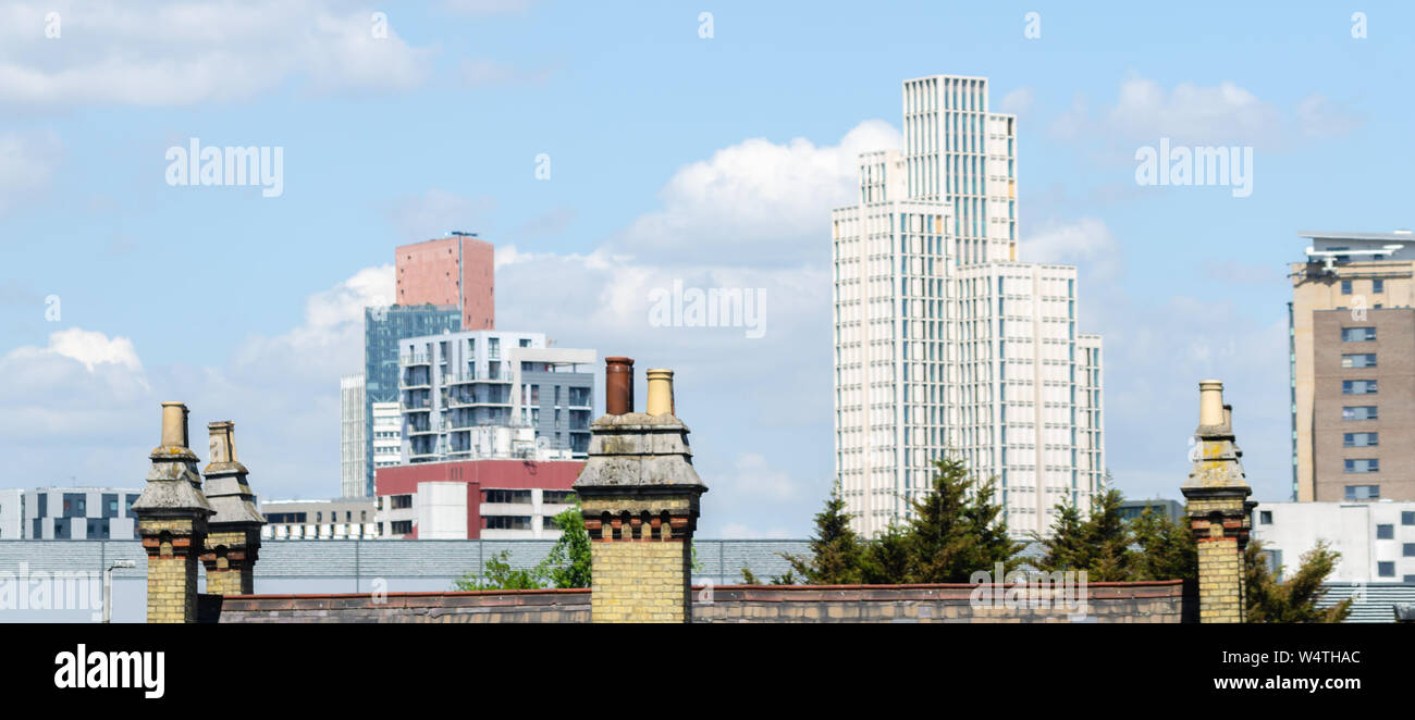 Typical English chimneys on the roofs of London buildings, an element ...