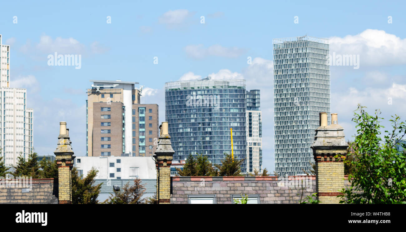 Typical English chimneys on the roofs of London buildings, an element ...