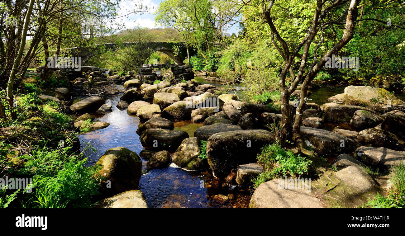 Boulders in the East Dart river at Dartmeet, including the remains of ...