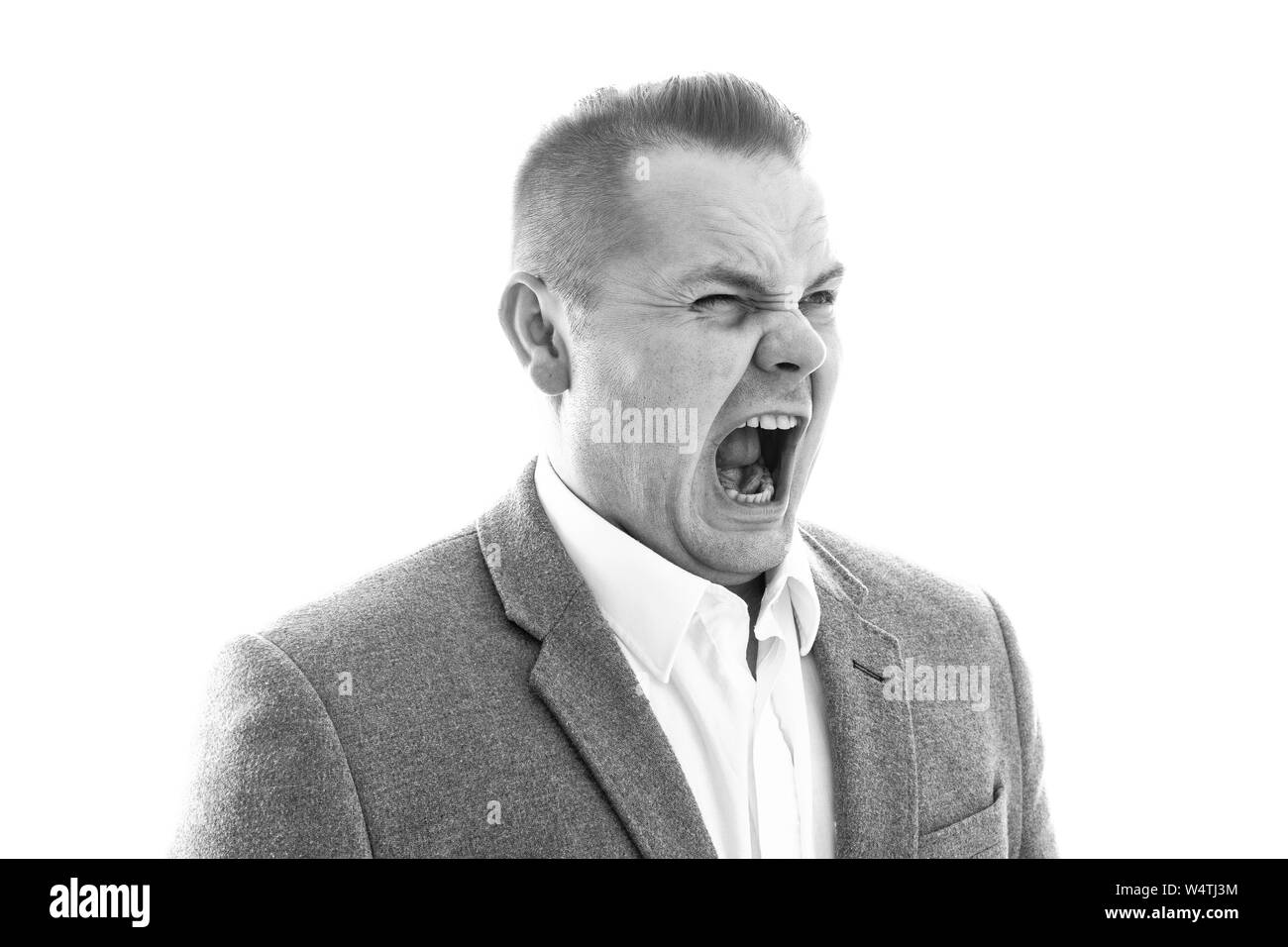 Screaming man on white background / angry businessman Stock Photo - Alamy