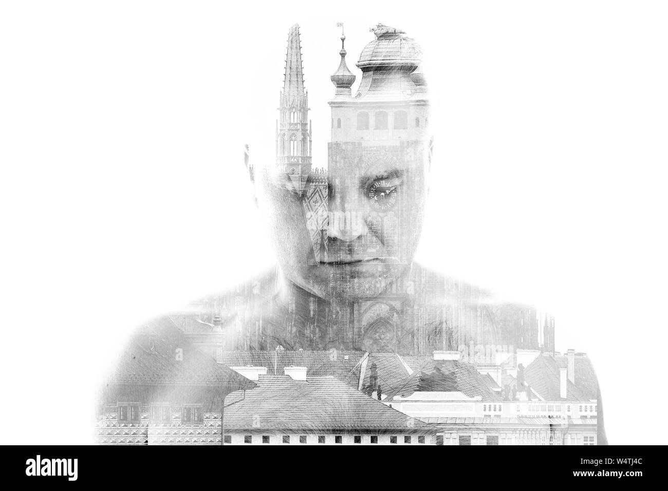 Double exposure with man and Prague Stock Photo - Alamy