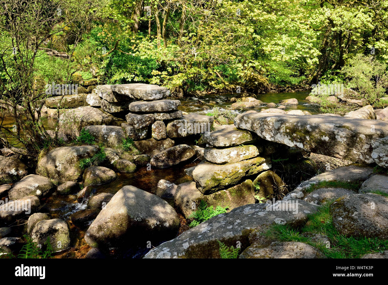 Boulders in the East Dart river at Dartmeet, including the remains of ...