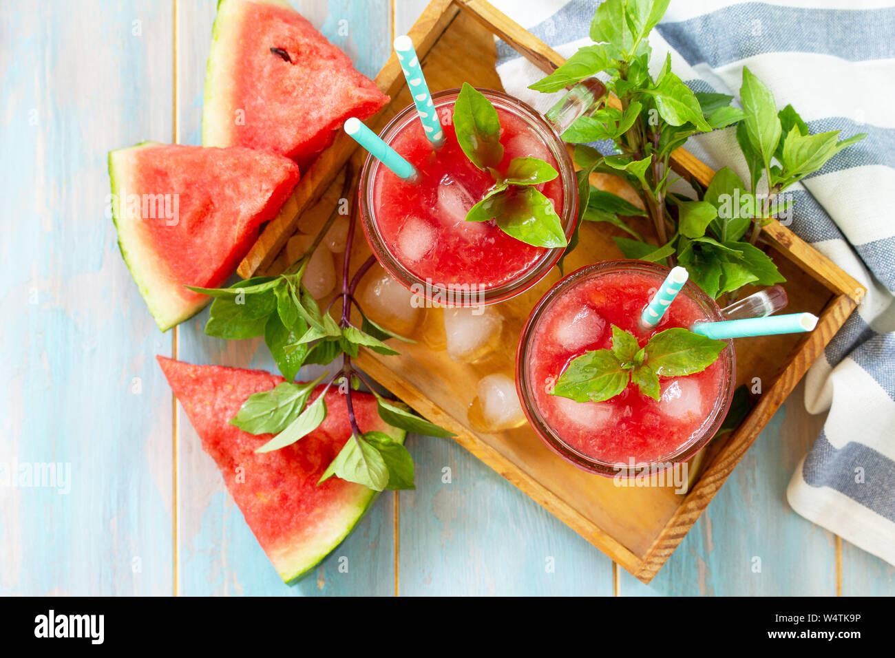 Cold Watermelon Smoothie. Summer Watermelon drink in glasses and slices ...