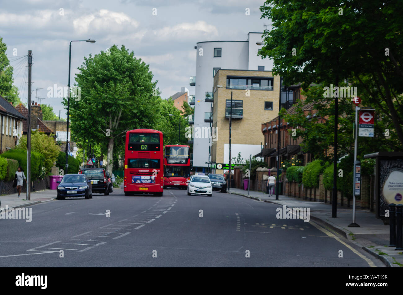 LONDON, UK - MAY 22, 2019 A typical urban transport vehicle driving ...