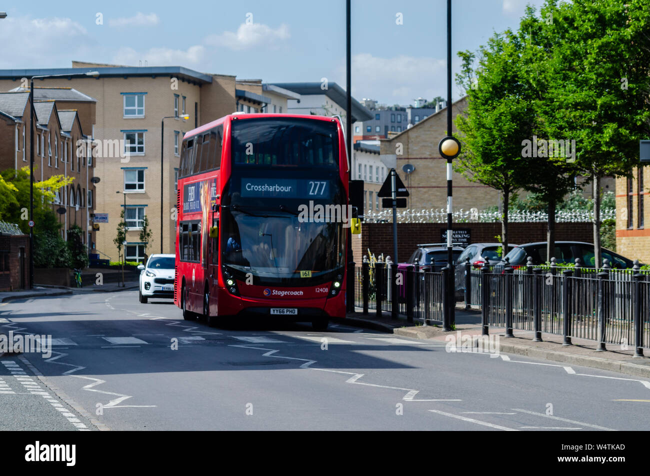LONDON, UK - MAY 22, 2019 A typical urban transport vehicle driving ...