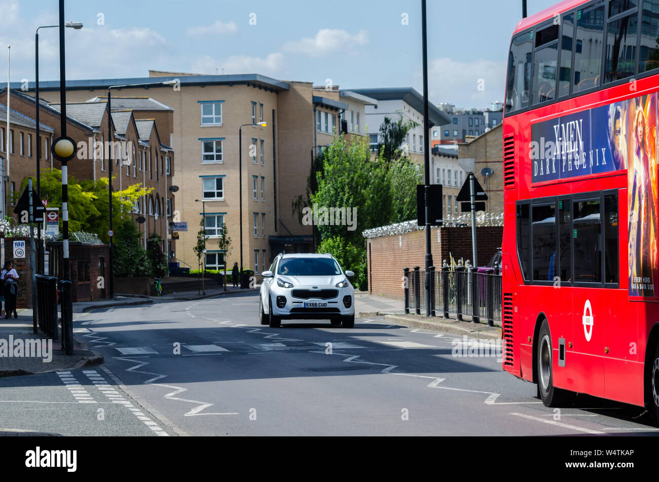 LONDON, UK - MAY 22, 2019 A typical urban transport vehicle driving ...