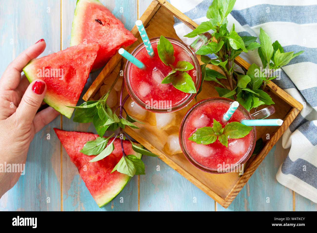 Cold Watermelon Smoothie. Summer Watermelon drink in glasses and slices ...