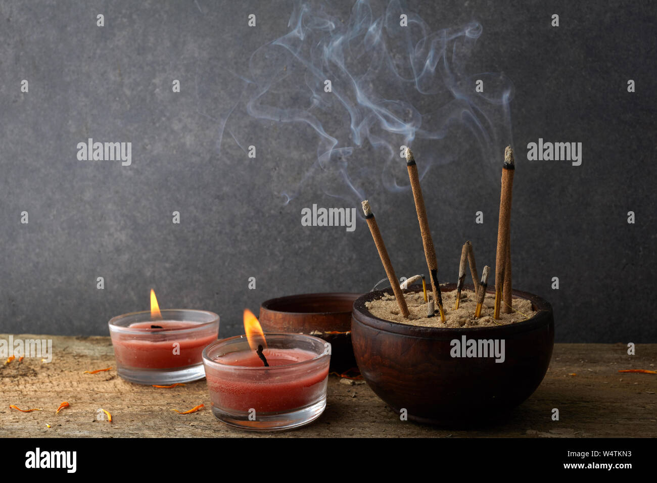 Burning aromatic incense sticks. Incense for praying Buddha or Hindu ...