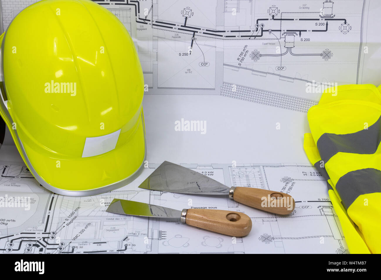 Masonry Graphic resource with house plan safety equipment and masonry ...