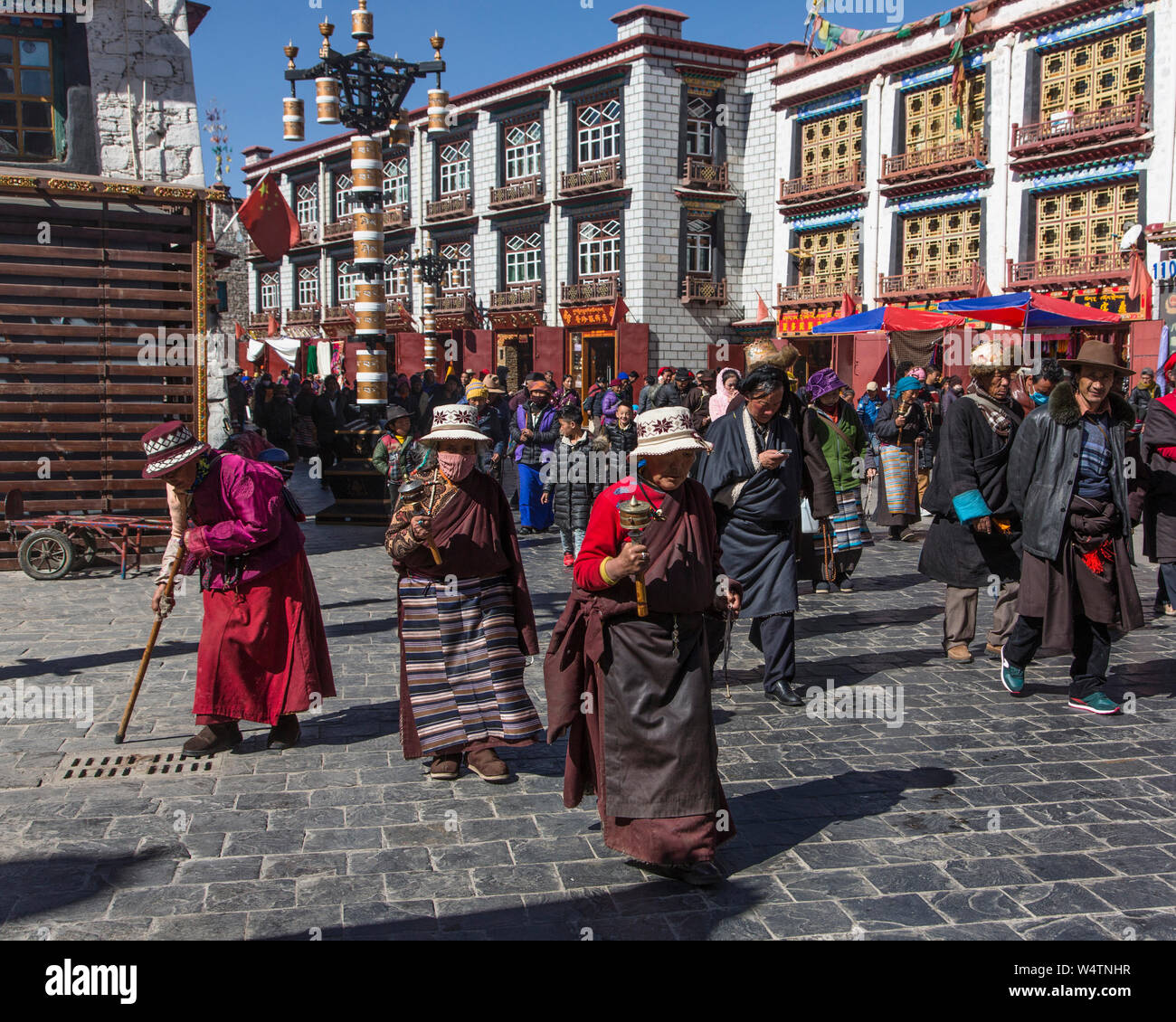 China, Tibet, Lhasa, Older Tibetan women in traditional dress ...