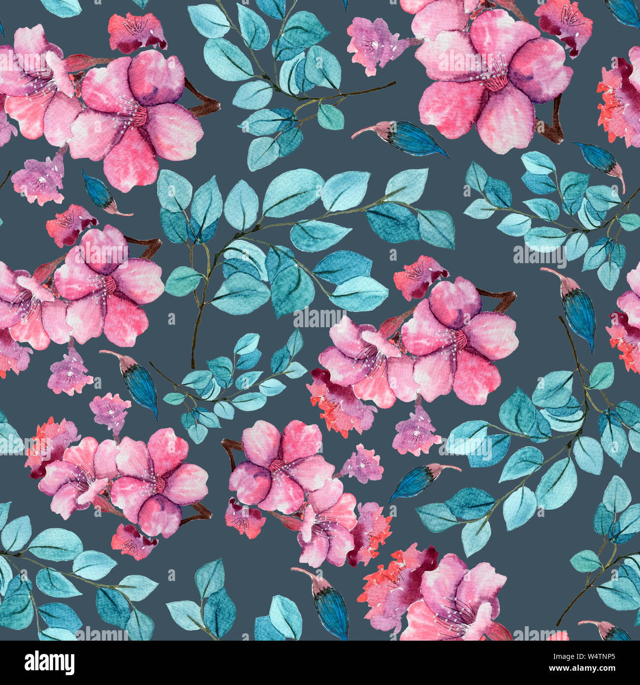 Seamless floral background with sacura flowers and menthol leaves. Hand ...