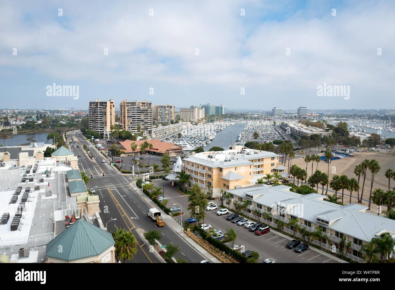 Aerial view of Admiralty Way and harbor area in the Marina Del Rey ...