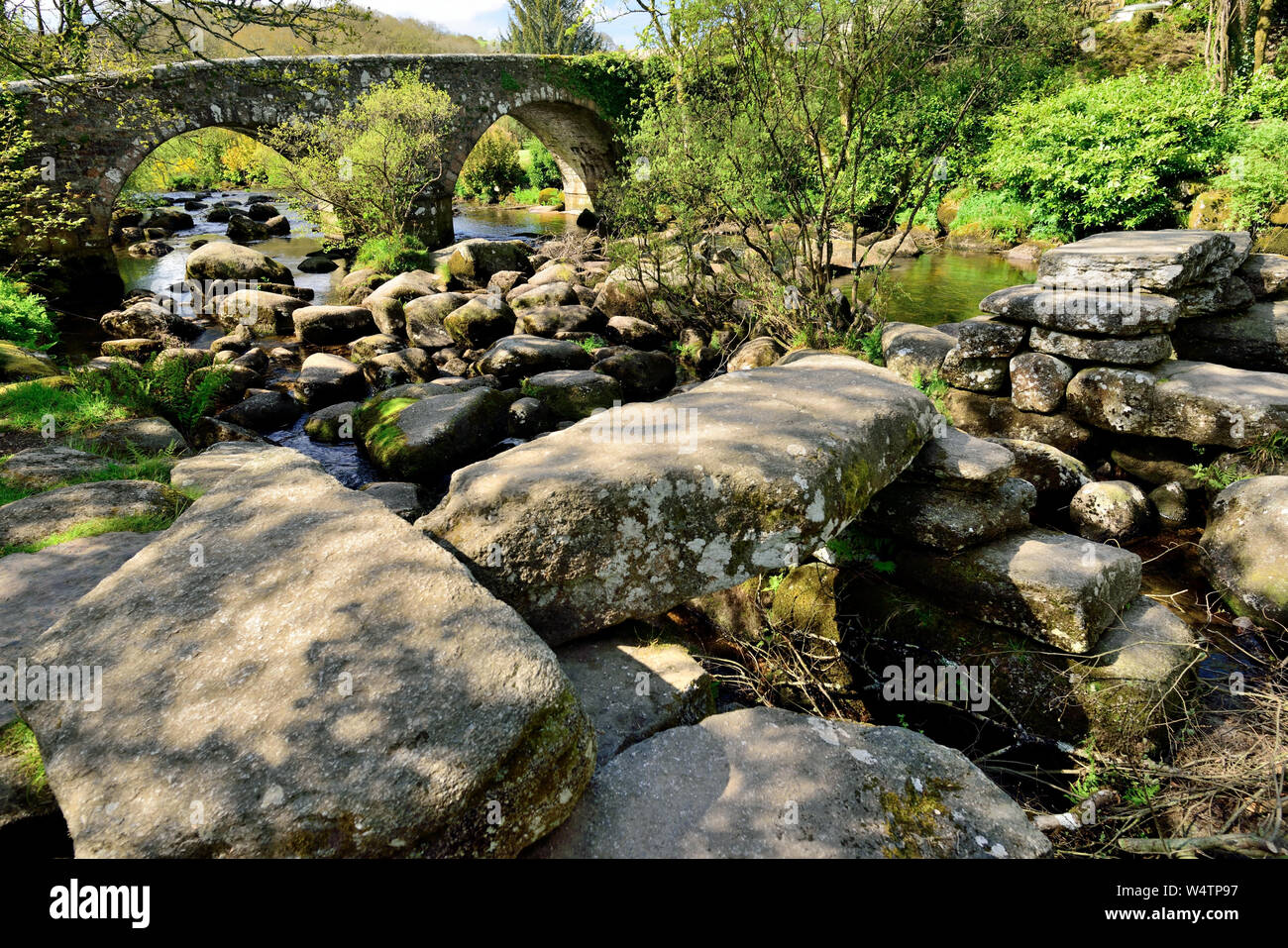 Boulders in the East Dart river at Dartmeet, including the remains of ...