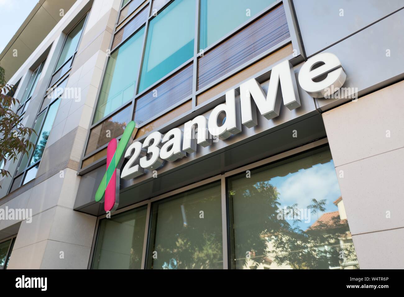 Low-angle view of logo on facade of personal genomics company 23AndMe ...