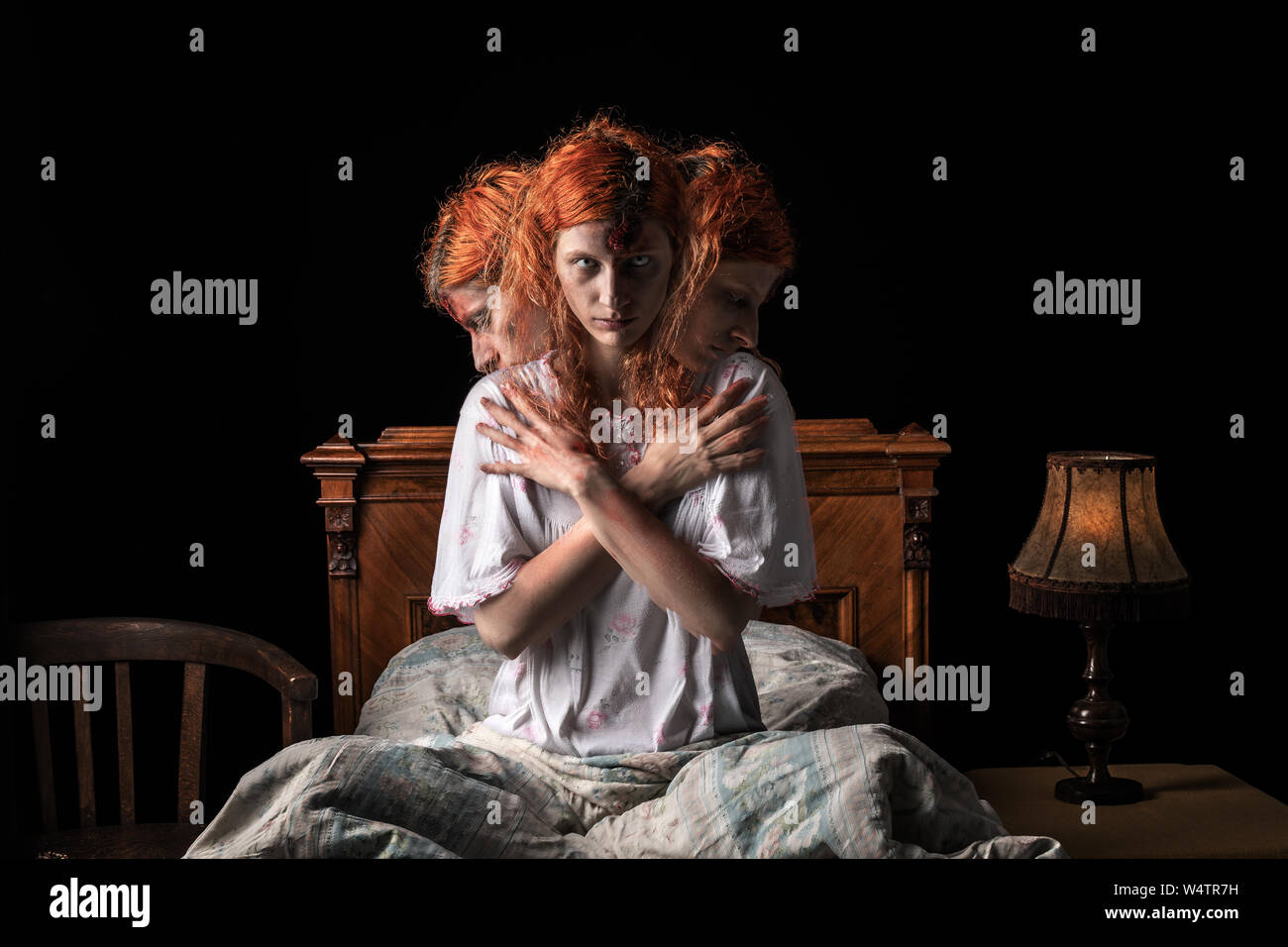 Scary woman possessed by devil in the bed. Exorcism of priest. Woman ...
