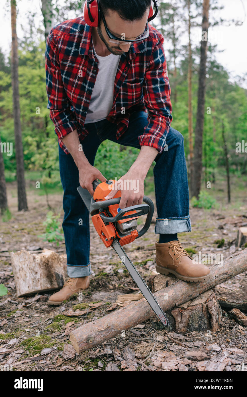 lumberer in plaid shirt and denim jeans cutting wood with chainsaw in ...
