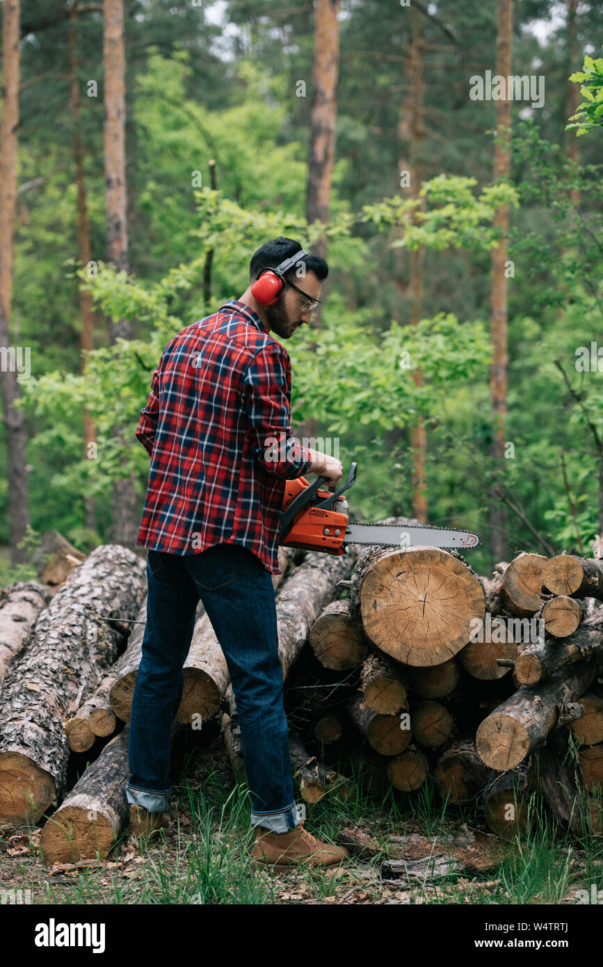 bearded lumberer in hearing protectors cutting trunk with chainsaw in ...